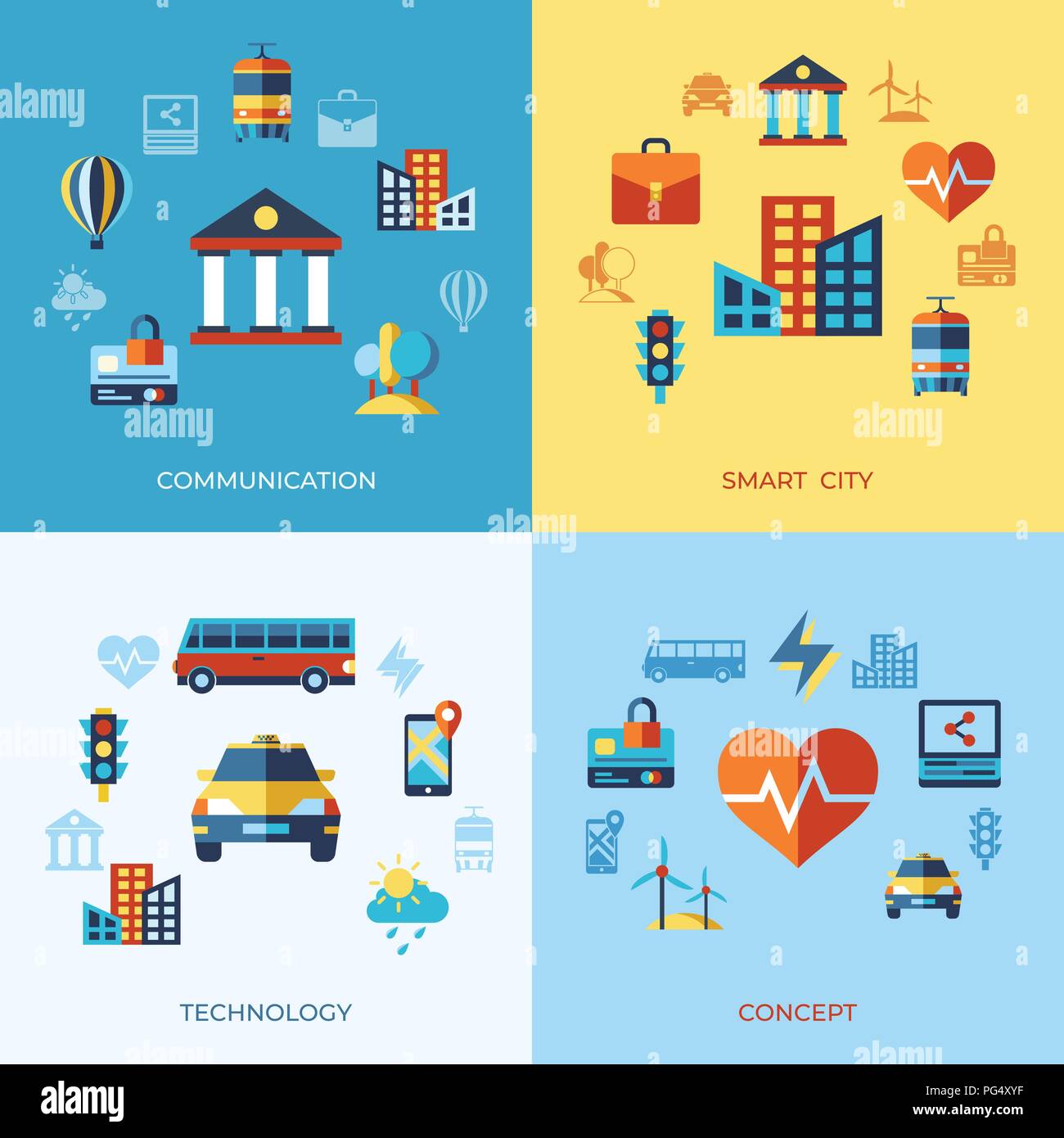 Digital vector smart city icons set with drawn simple line art info ...