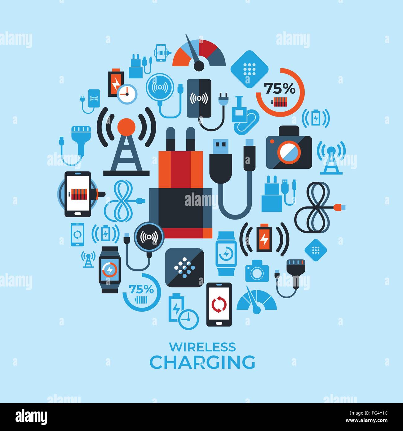 Digital vector wireless charging icons set with drawn simple line art ...