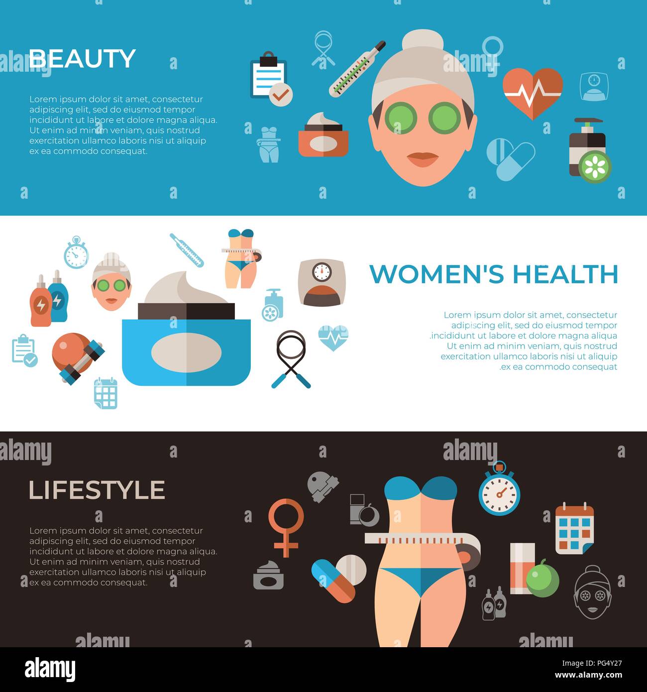Digital vector woman health icons set with drawn simple line art info ...
