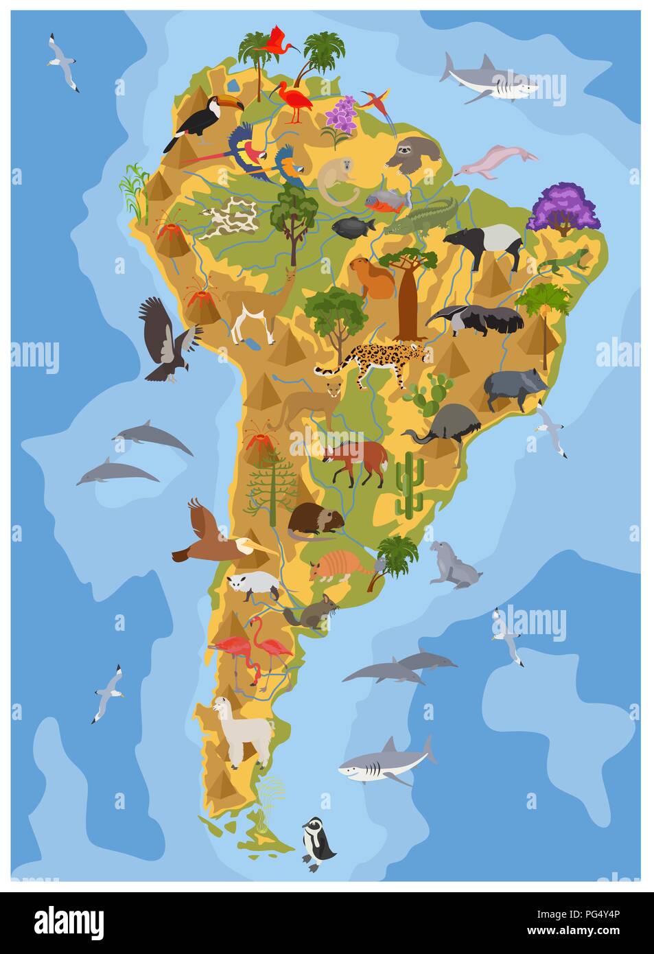 South America flora and fauna map, flat elements. Animals, birds and ...