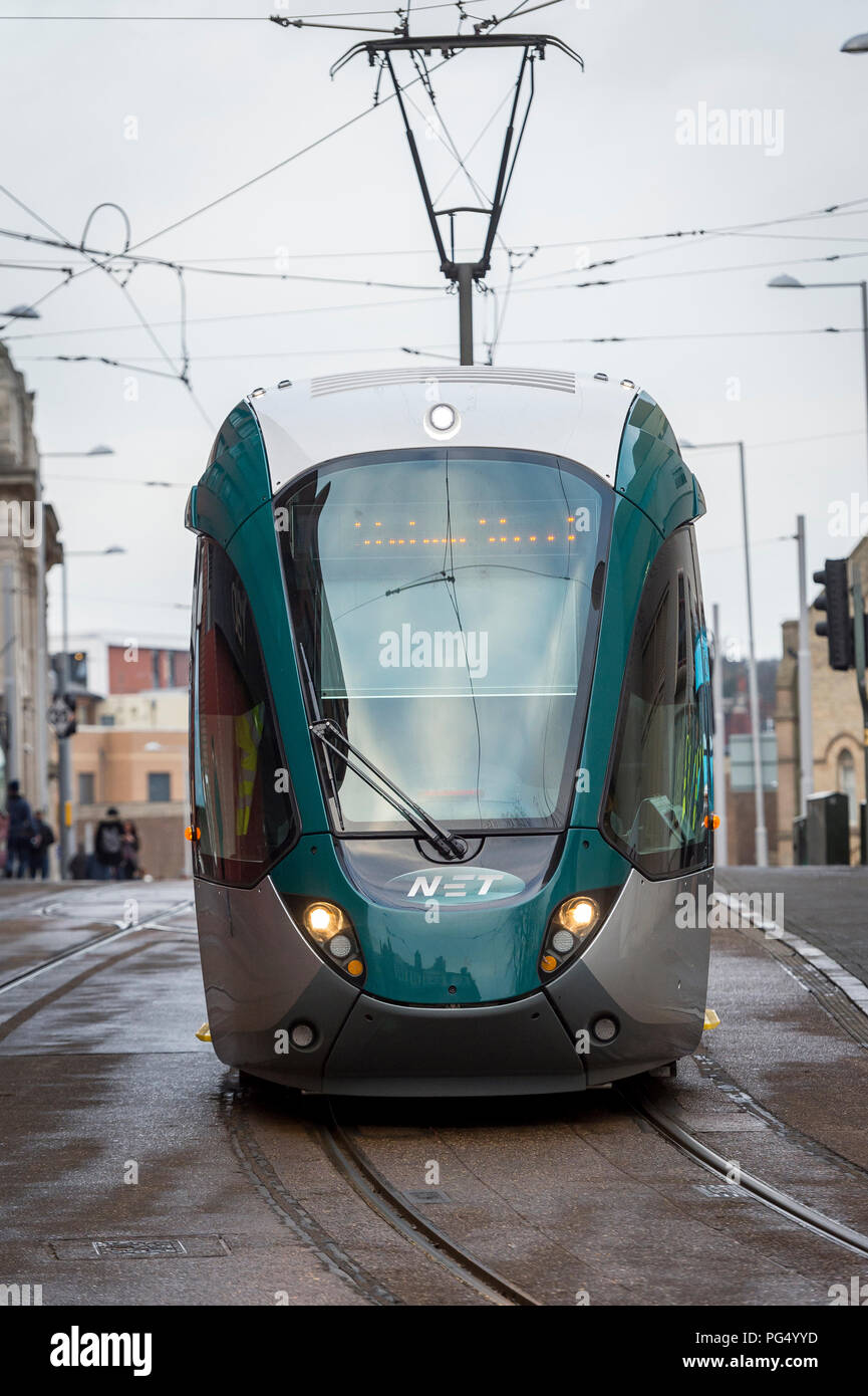 Nottingham Express Transit tram travelling through Nottingham city ...