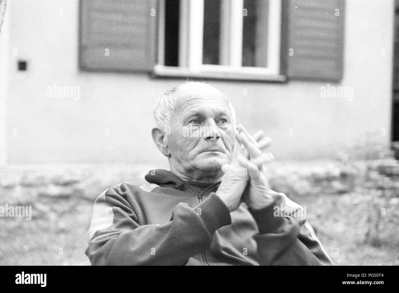 The Czech writer Bohumil Hrabal in the garden of his summer house in ...