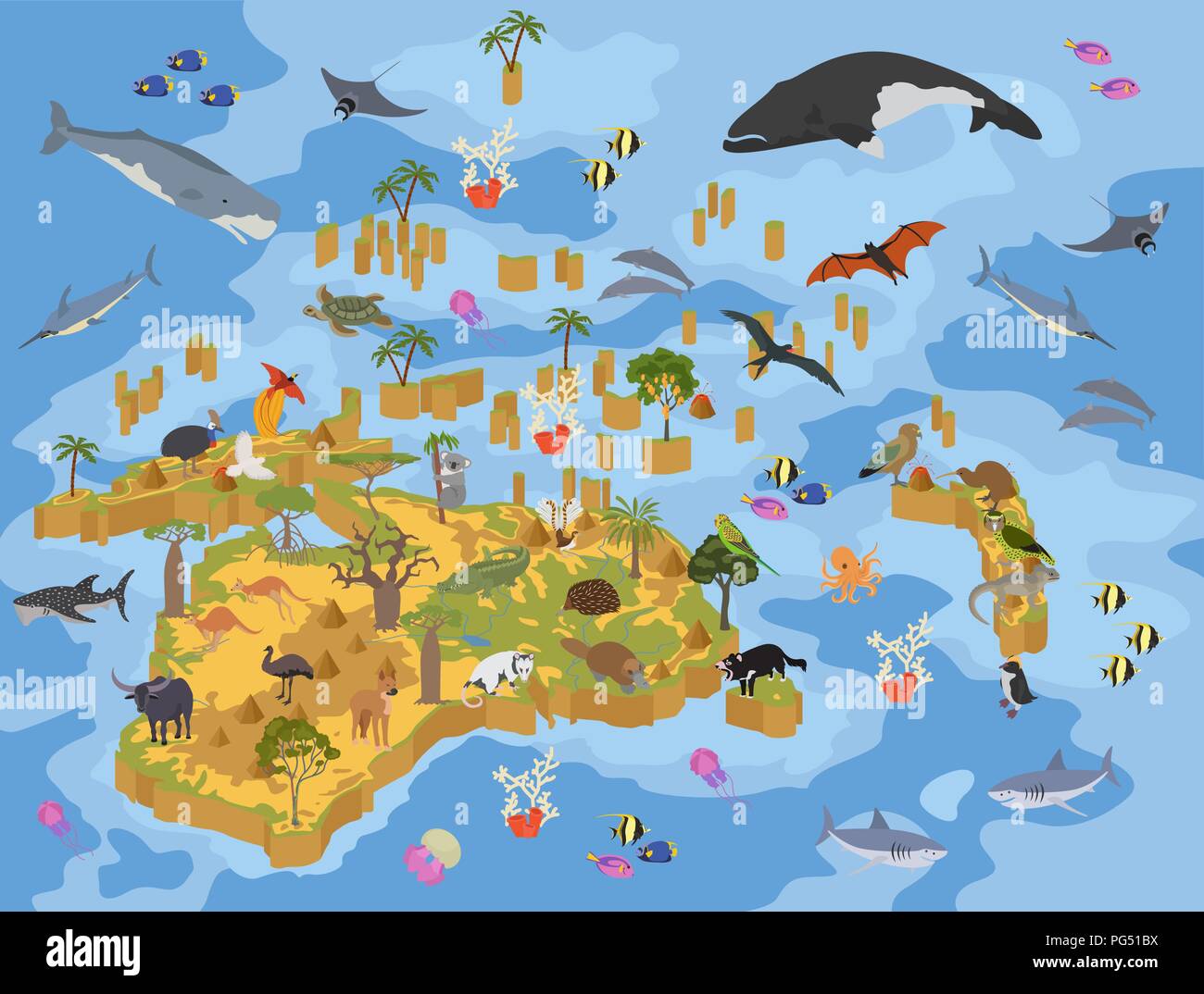 Isometric 3d Australia and Oceania flora and fauna map elements ...