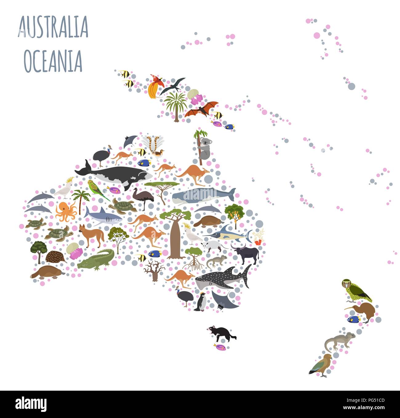 Australia and Oceania flora and fauna map, flat elements. Animals ...