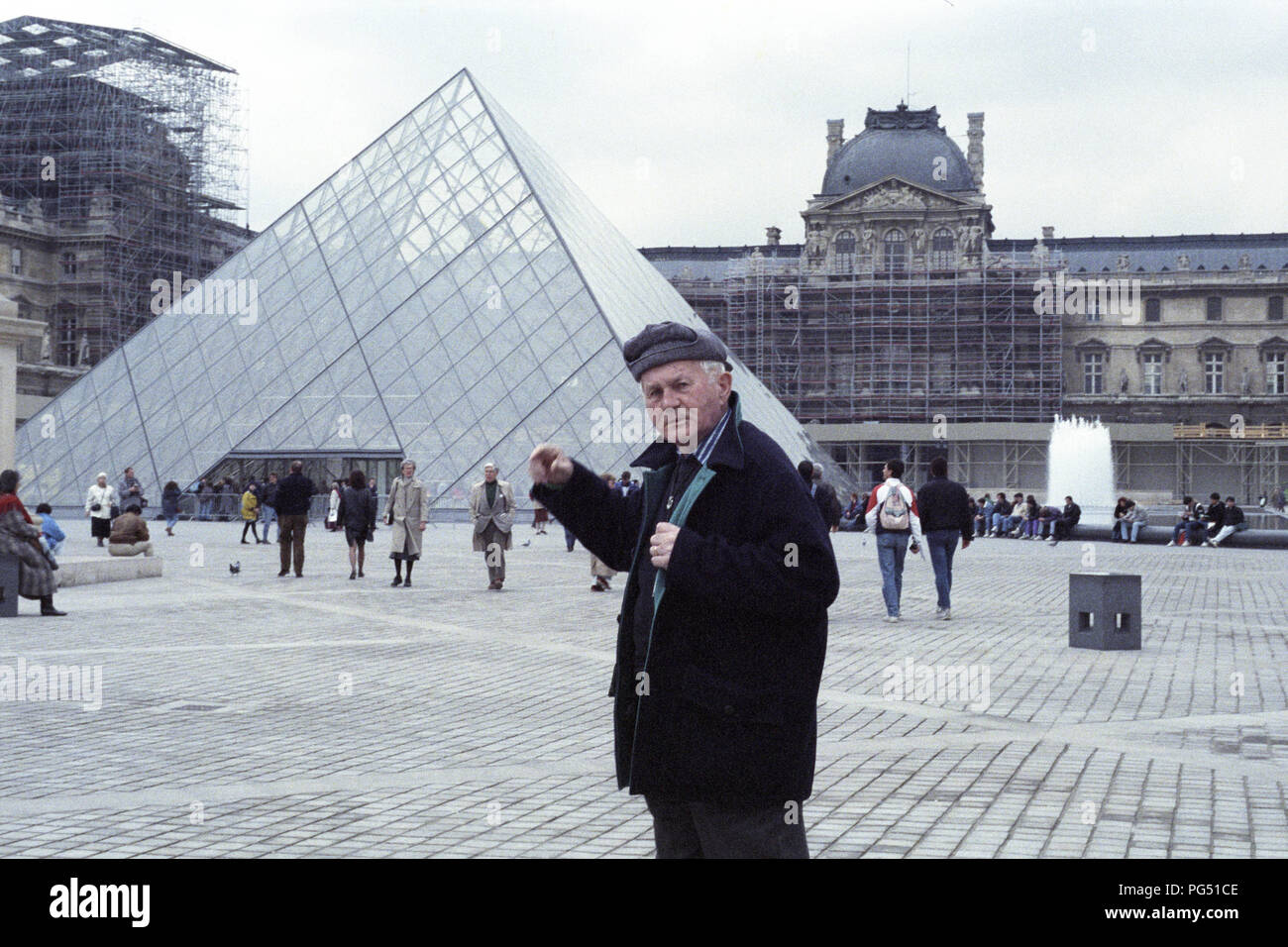 The Czech writer Bohumil Hrabal in front of the glass pyramid of the ...
