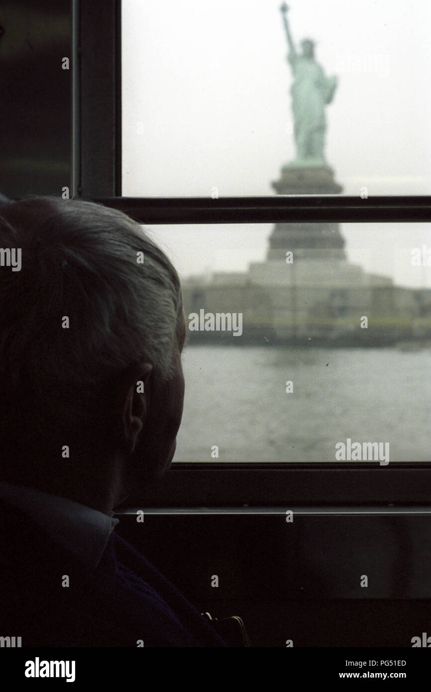 The Czech writer on a ship of the Staten Island Ferry in front of the ...