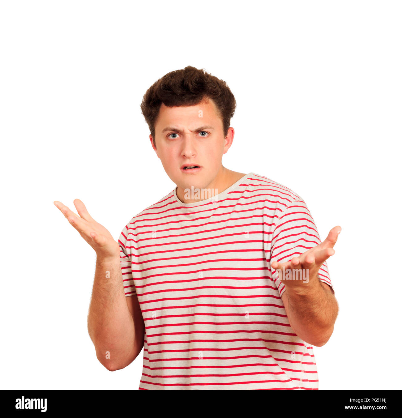 Guy forgot something important. Attractive man shrugging and raising ...