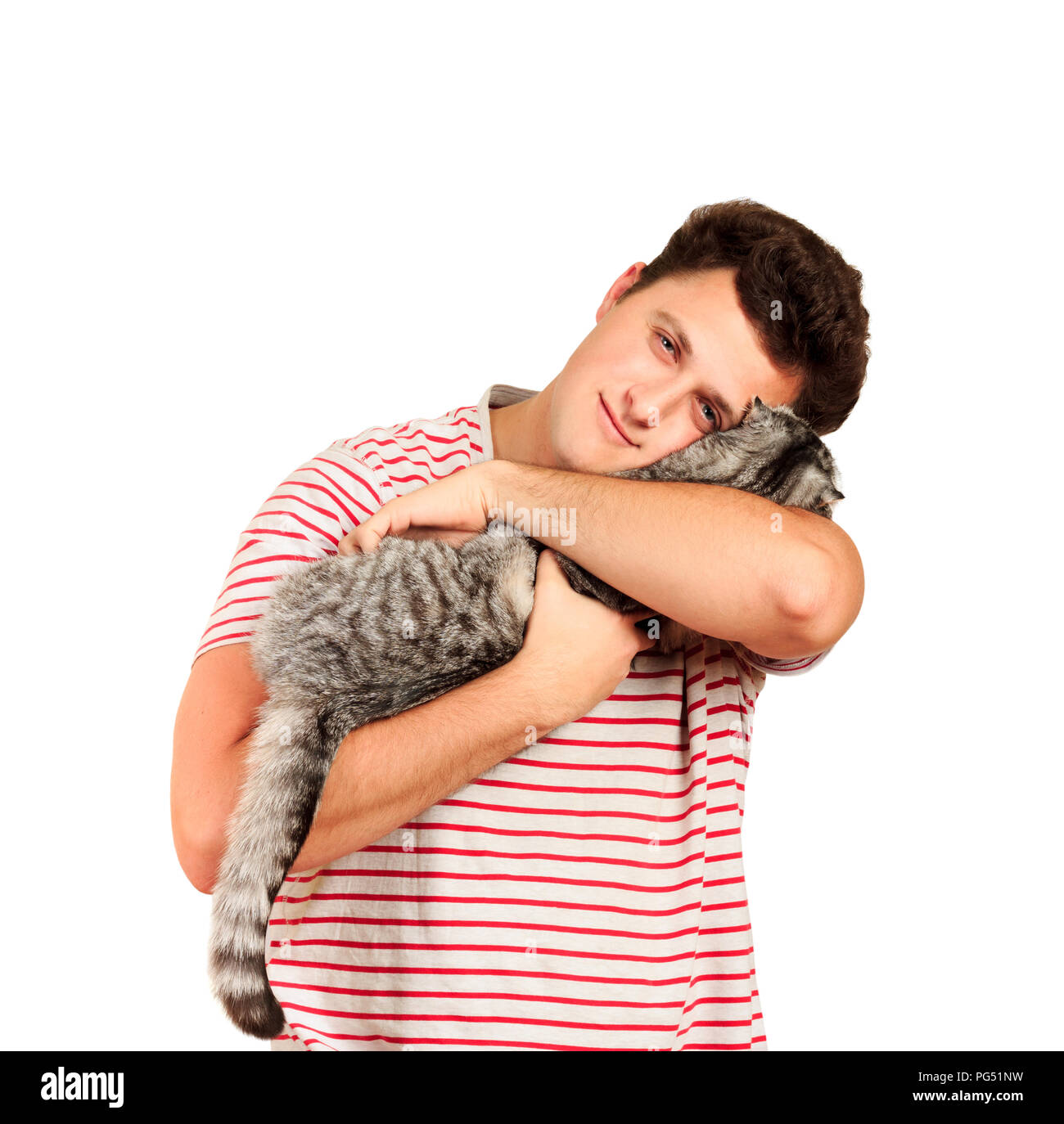 a guy holding a Scottish cat in his arms and feels caressing from him ...