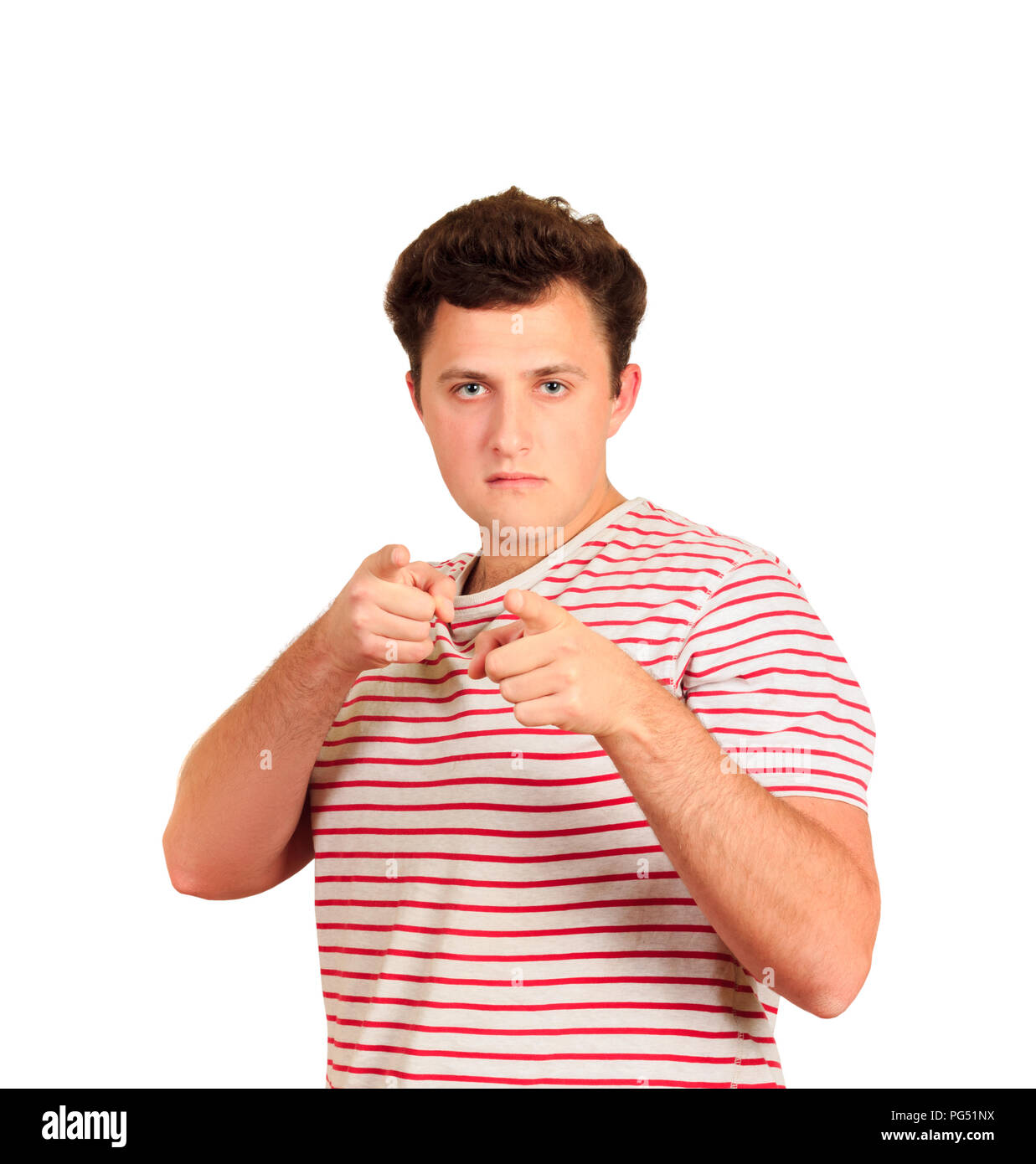 Closeup portrait of smiling handsome young man pointing fingers at ...