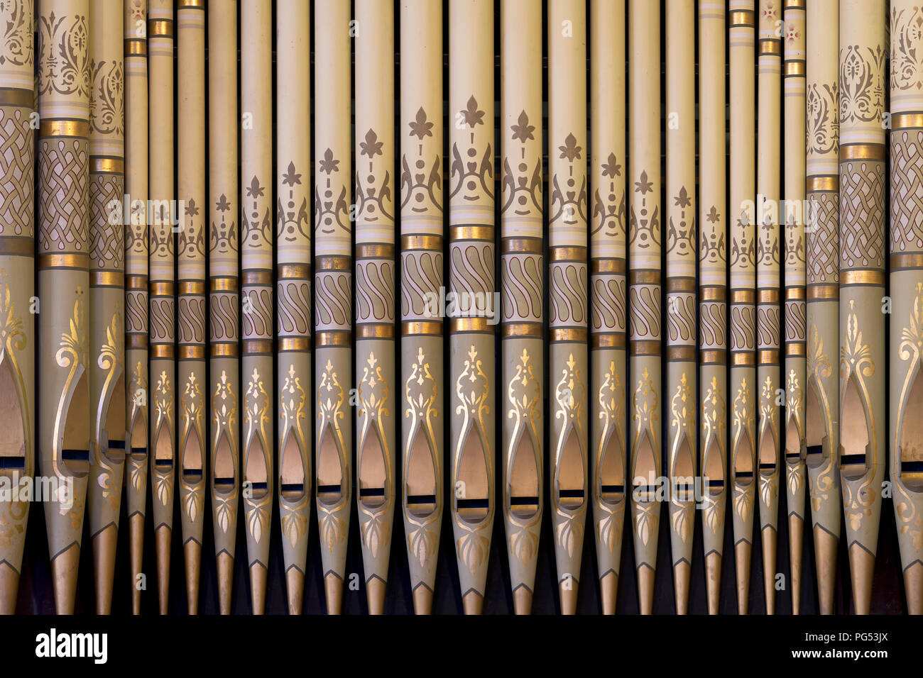 Close up of pipe organ inside the historic Zion Evangelical Lutheran ...