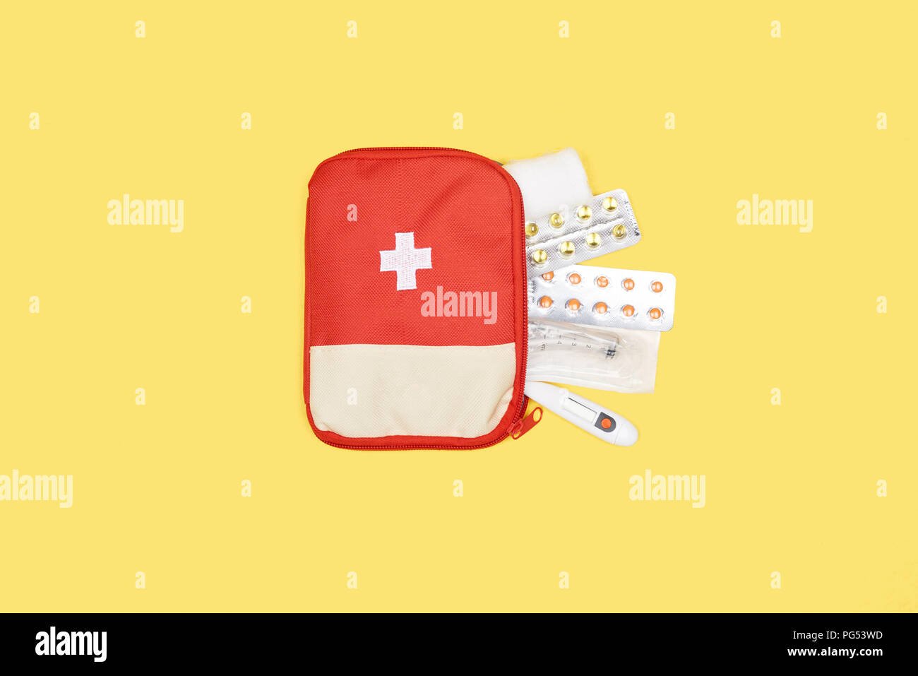top view of automotive first aid kit with different medicines isolated ...