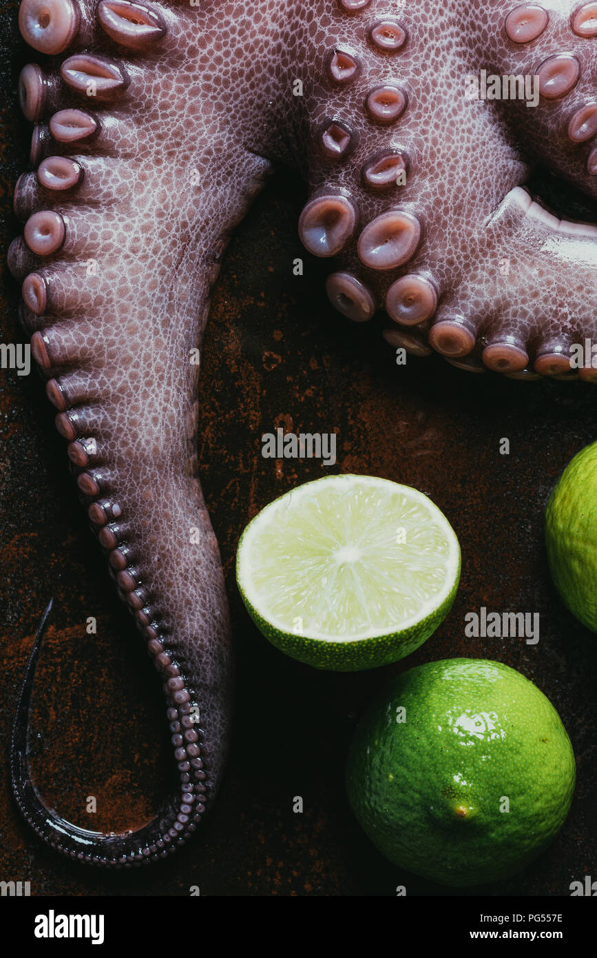 top view of raw octopus tentacles with limes on rusty surface Stock ...