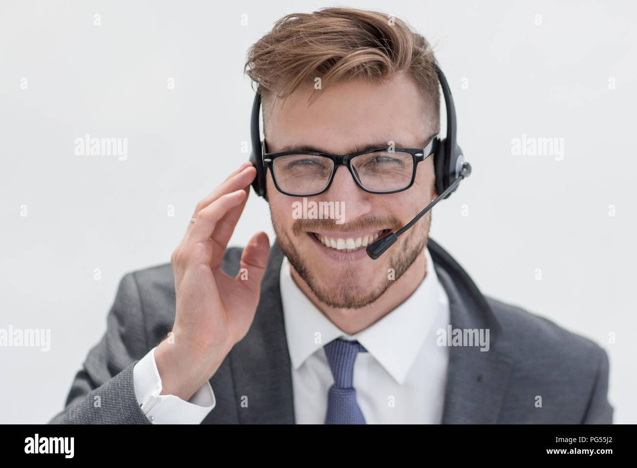 close up.smiling call center employee Stock Photo - Alamy