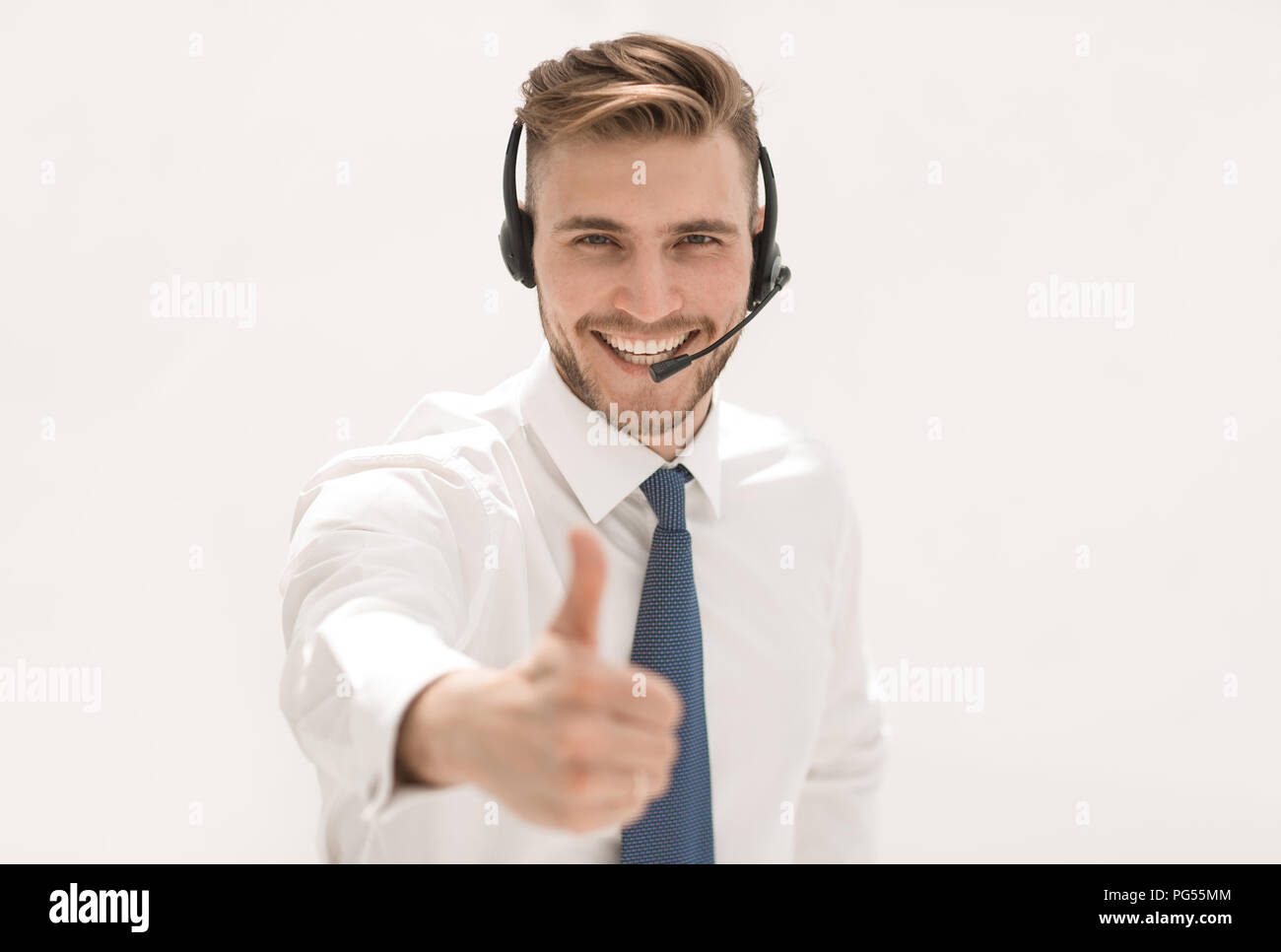 close up.employee call center showing thumb up Stock Photo - Alamy