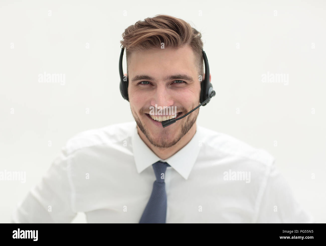 portrait of call center employee with headset Stock Photo - Alamy