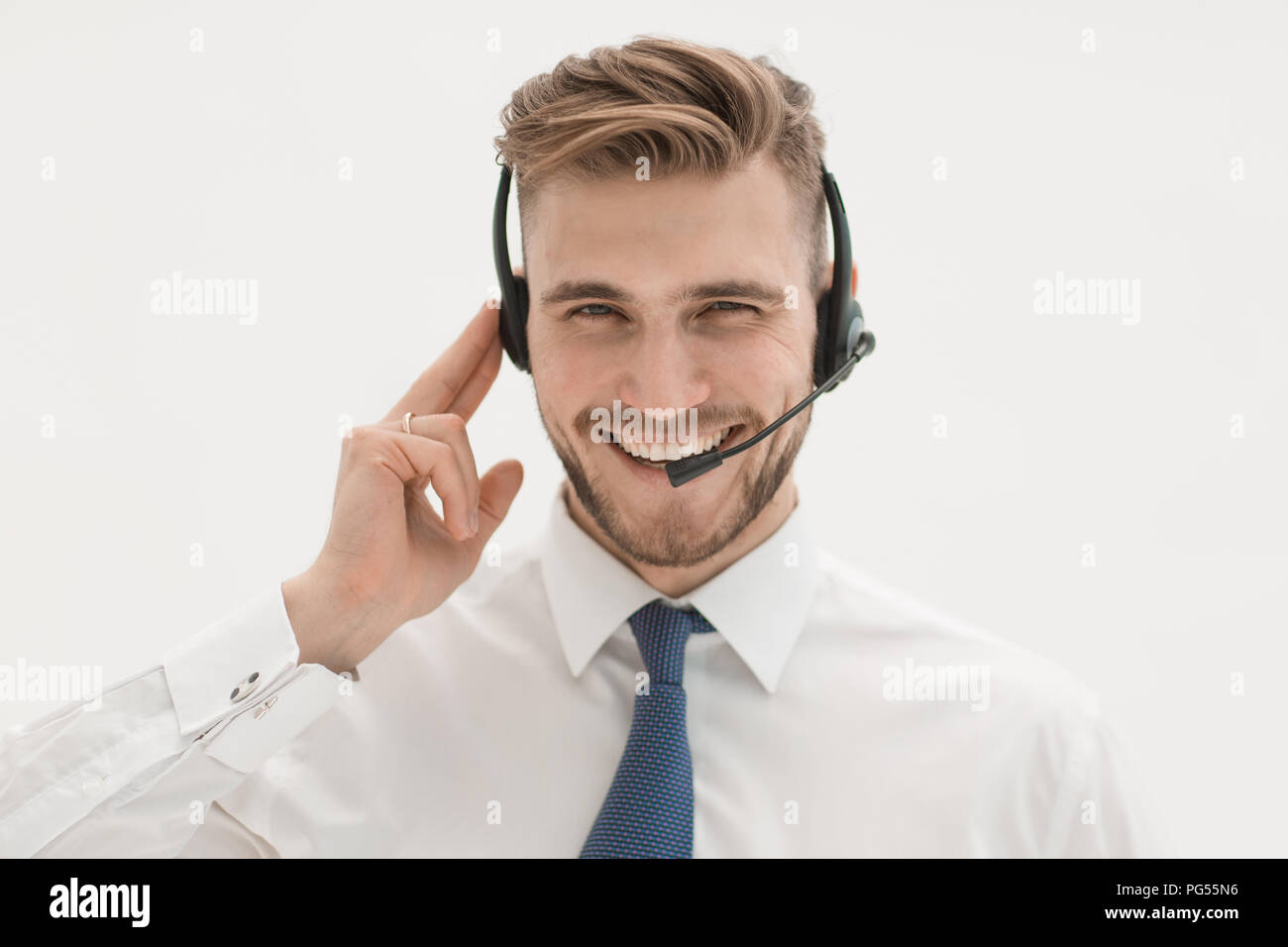portrait of call center employee with headset Stock Photo - Alamy
