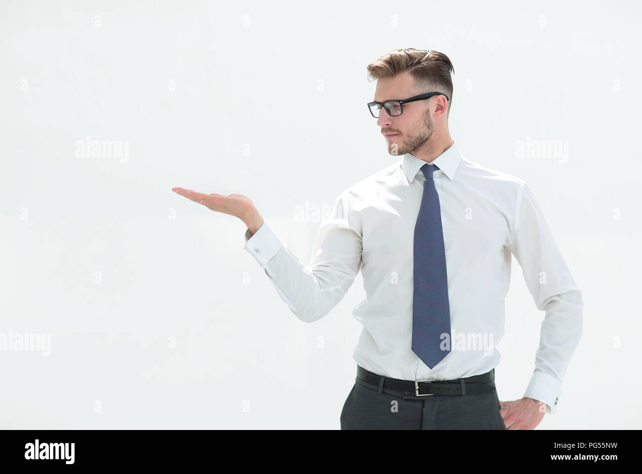 close up.a business man holding a virtual object on his palm Stock ...