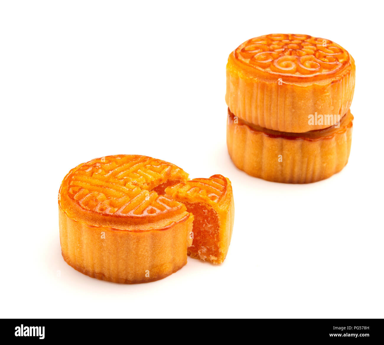 traditional Chinese mooncakes with one cut out to celebrate the Middle ...