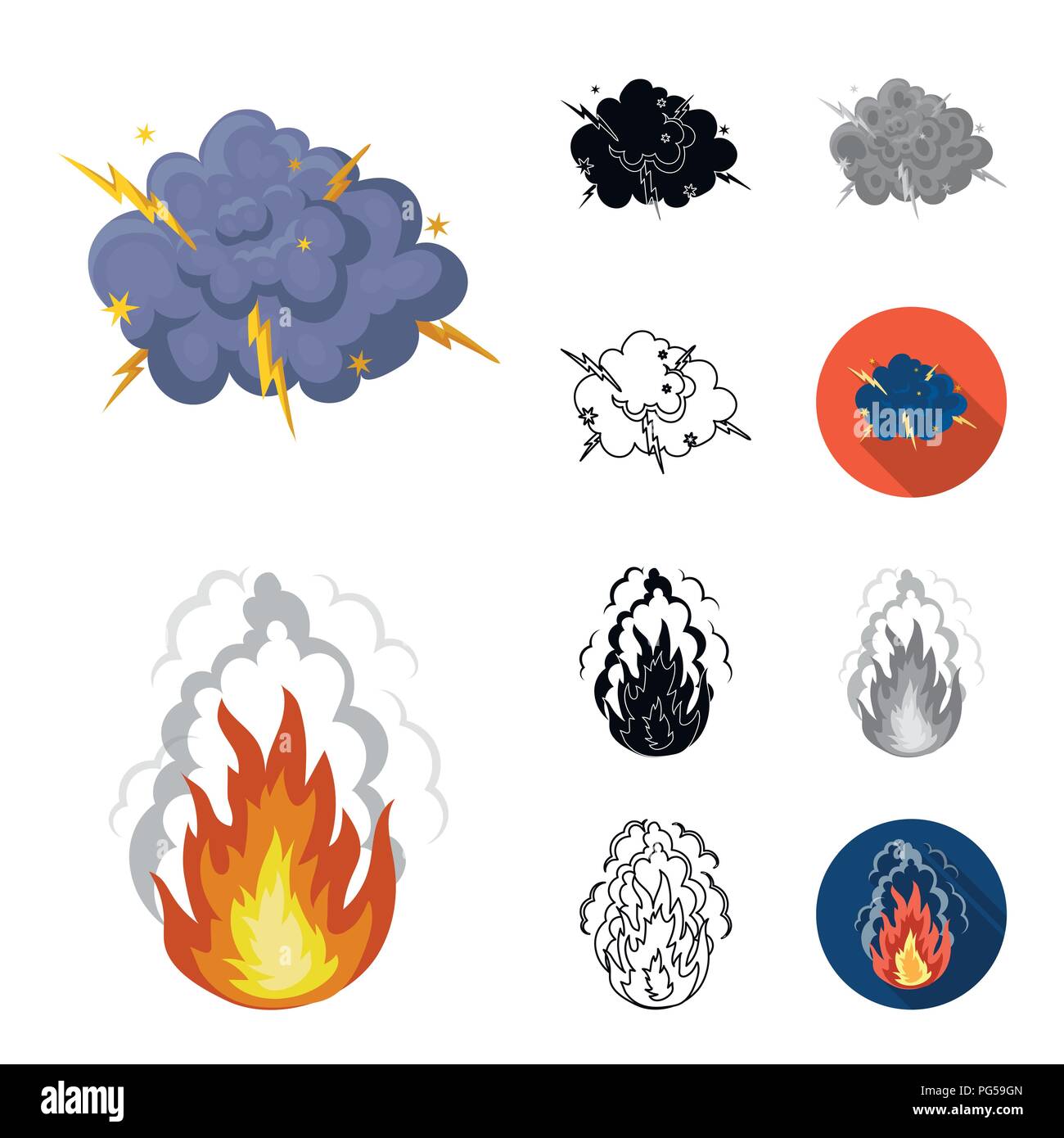 Different explosions cartoon,black,flat,monochrome,outline icons in set ...