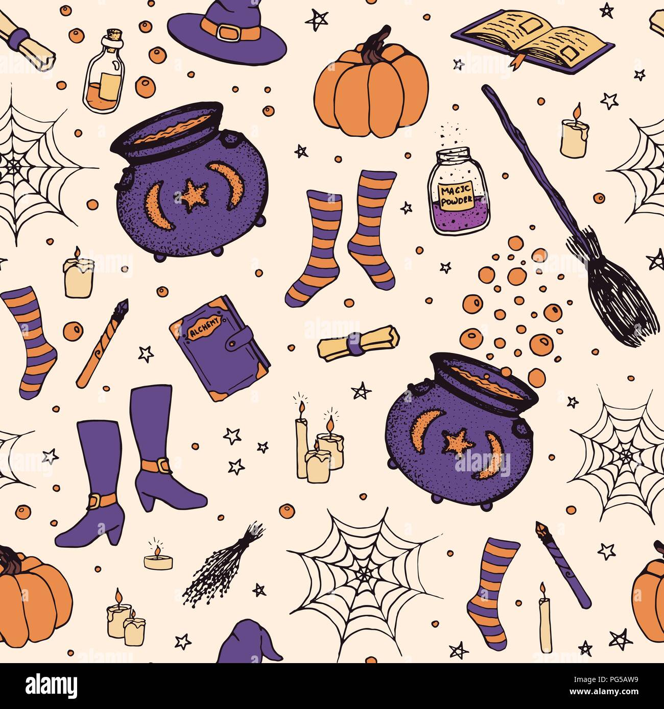 Vector Halloween pattern with hand drawn pumpkin, cauldron, spider web ...