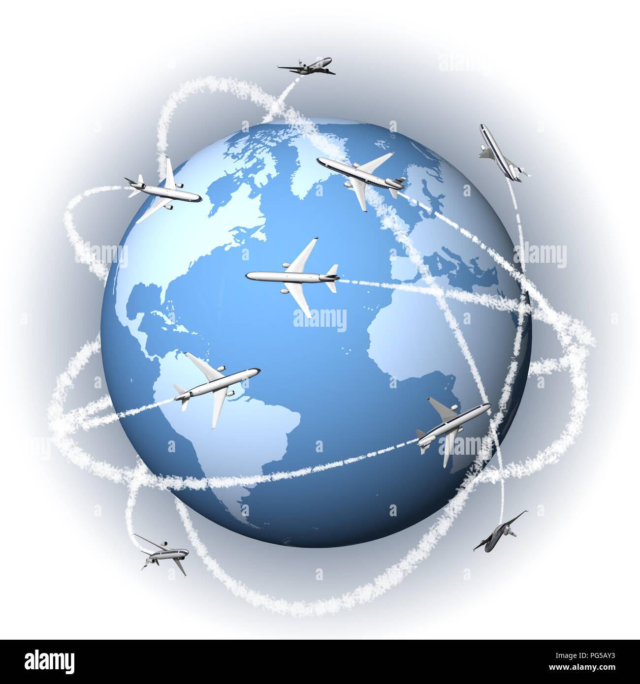 3D illustration. Airplanes traveling around the world to reach each ...