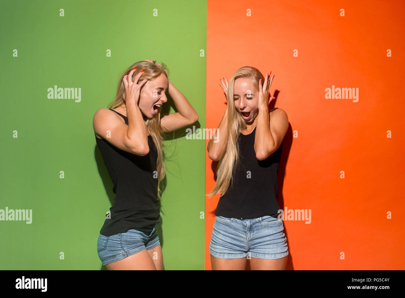 Screaming, hate, rage. Crying emotional angry women screaming on studio ...