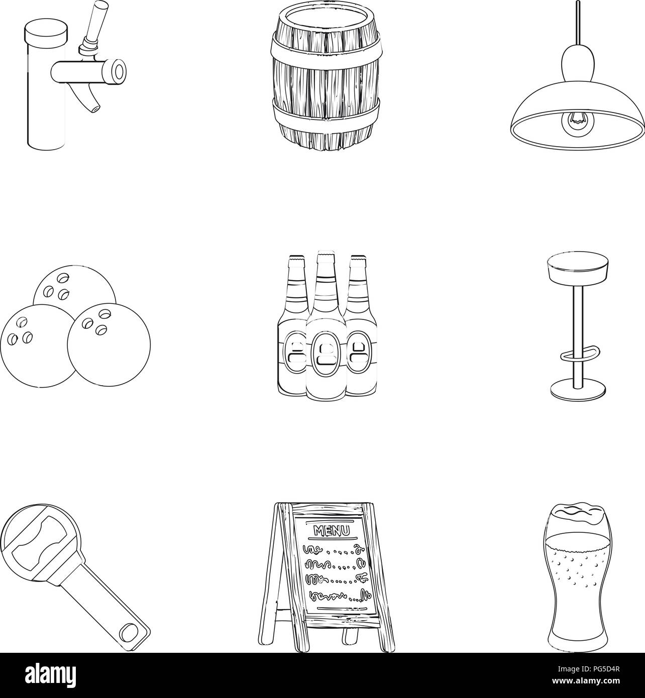 Pub, interior and equipment outline icons in set collection for design ...