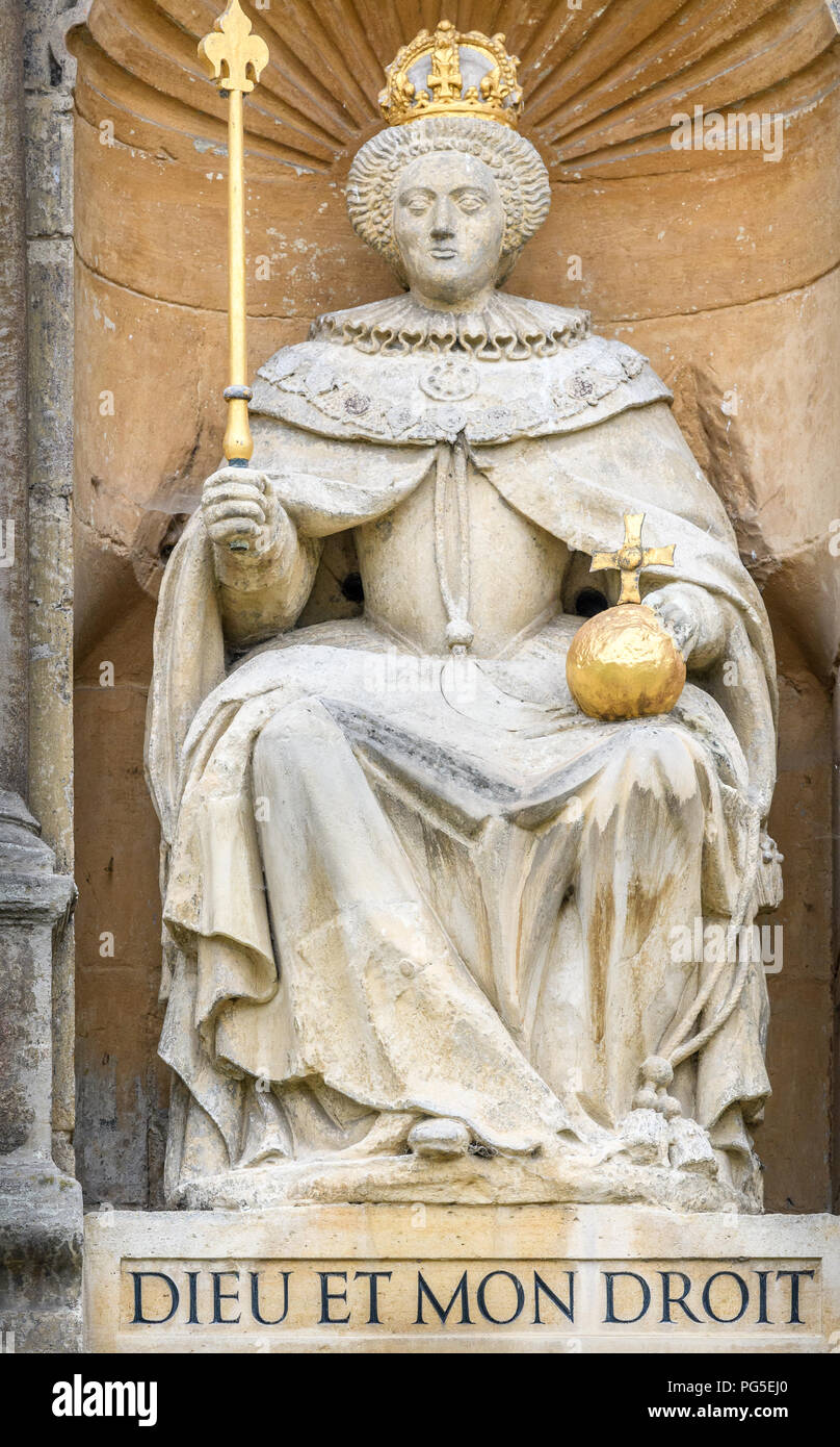 Statue of Queen Elizabeth I, with orb and scepter, in a niche on the ...