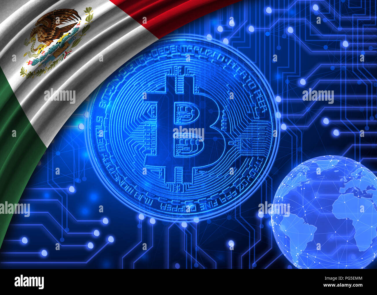 Flag of Mexico is shown against the background of crypto currency ...