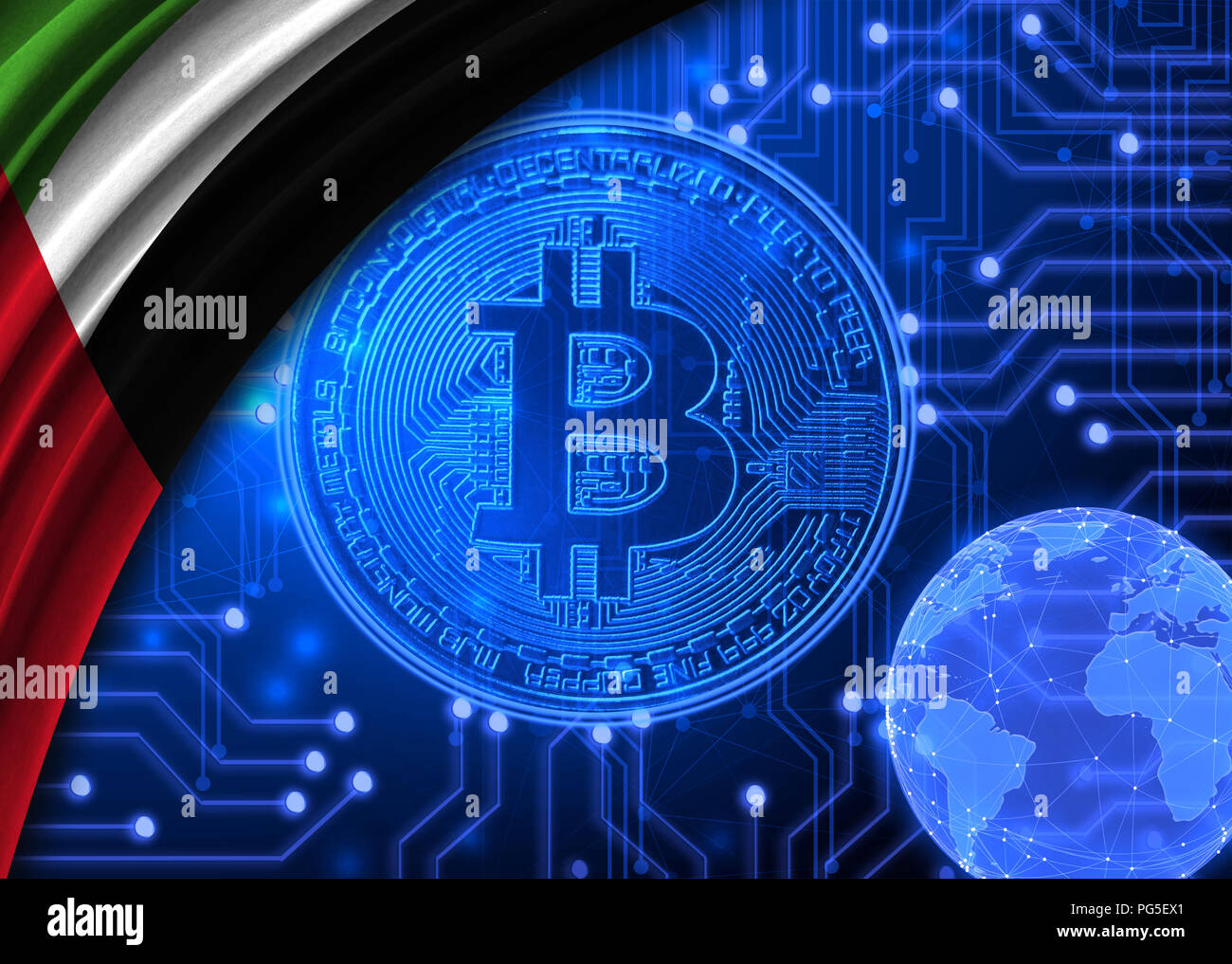 Flag of United Arab Emirates is shown against the background of crypto ...