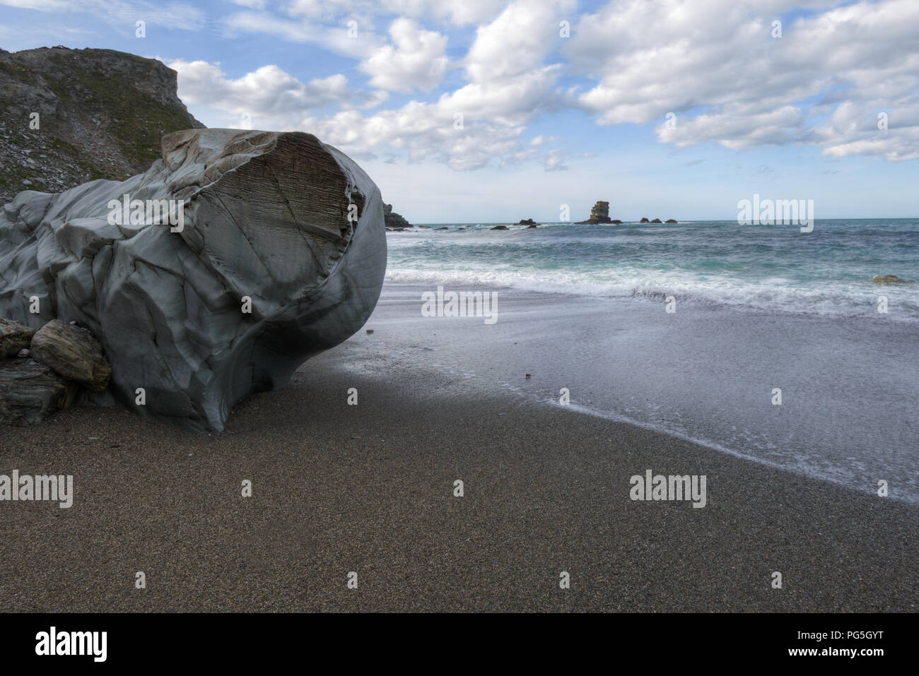 Strange rock formation on a beach on the north coast of Galicia Stock ...