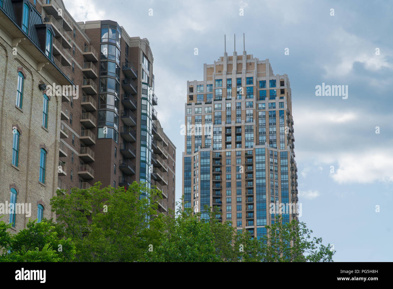 Establishing shot outside waterfront riverside luxury apartment ...