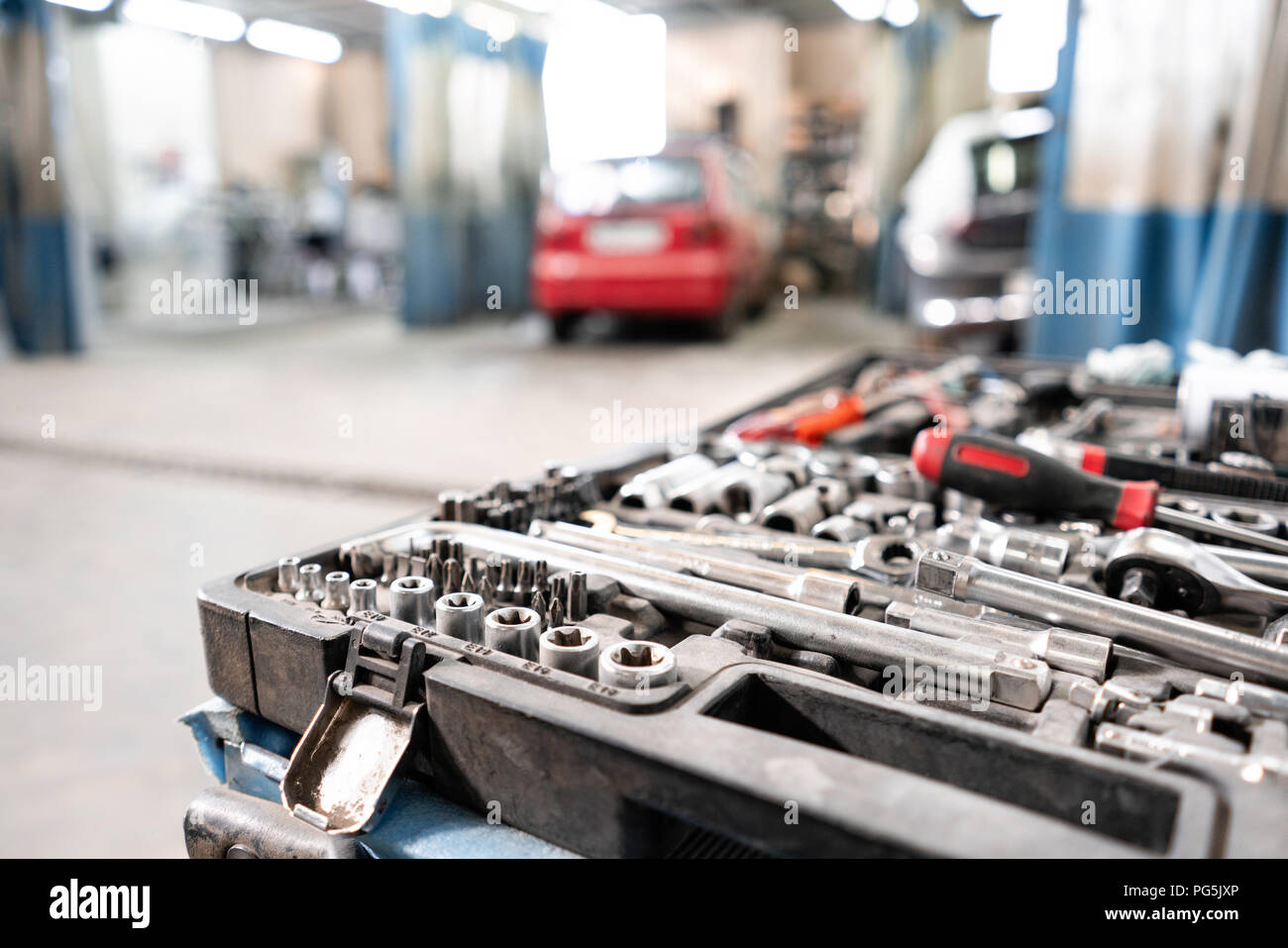 Close up of white car in repair store automobile hi-res stock ...