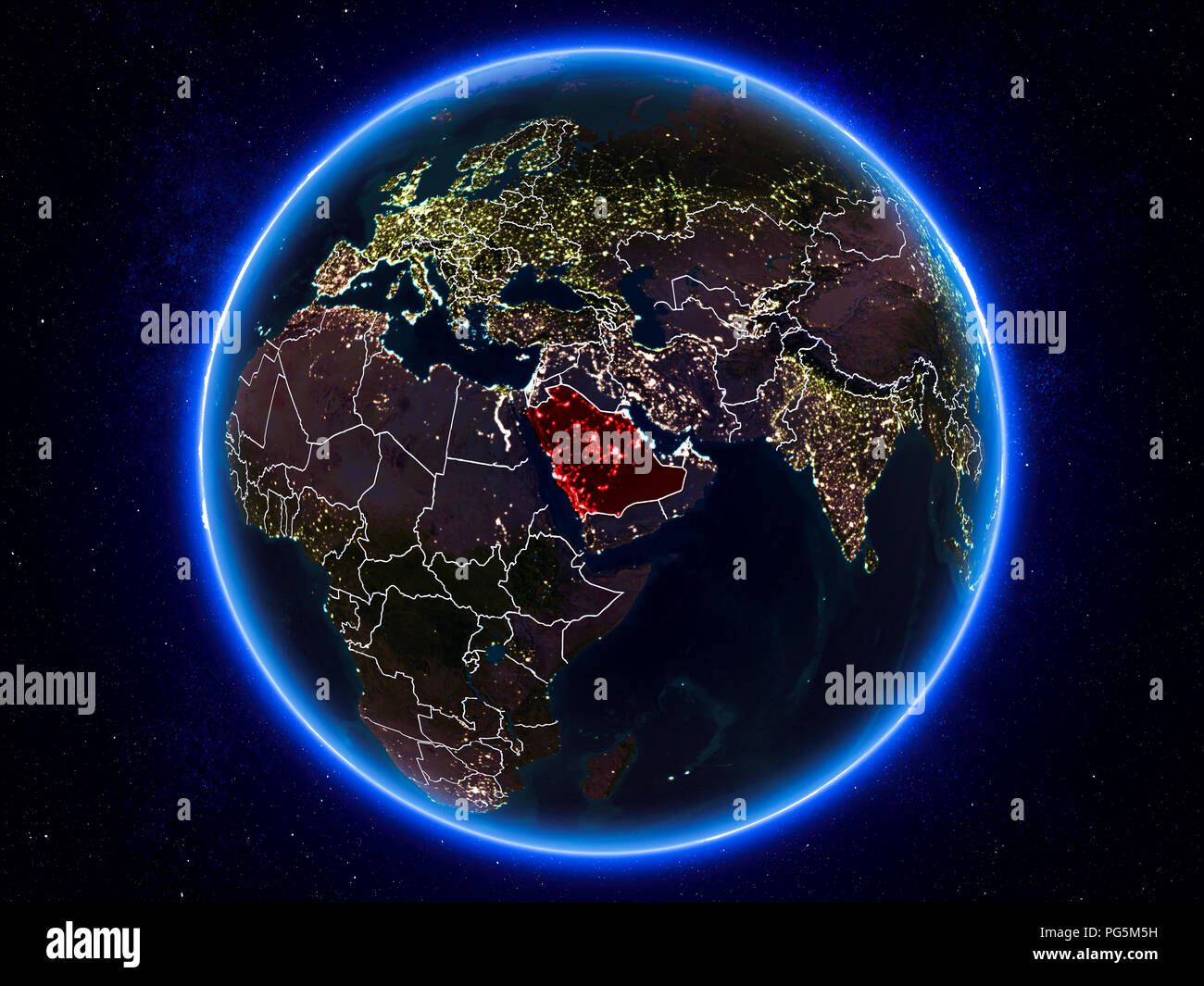 Saudi Arabia highlighted in red on planet Earth at night with visible ...