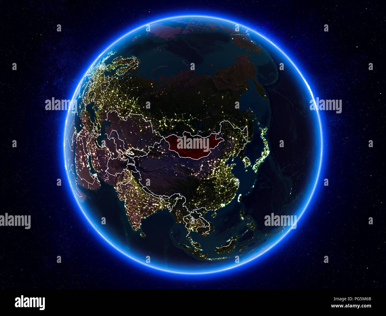 Mongolia highlighted in red on planet Earth at night with visible ...