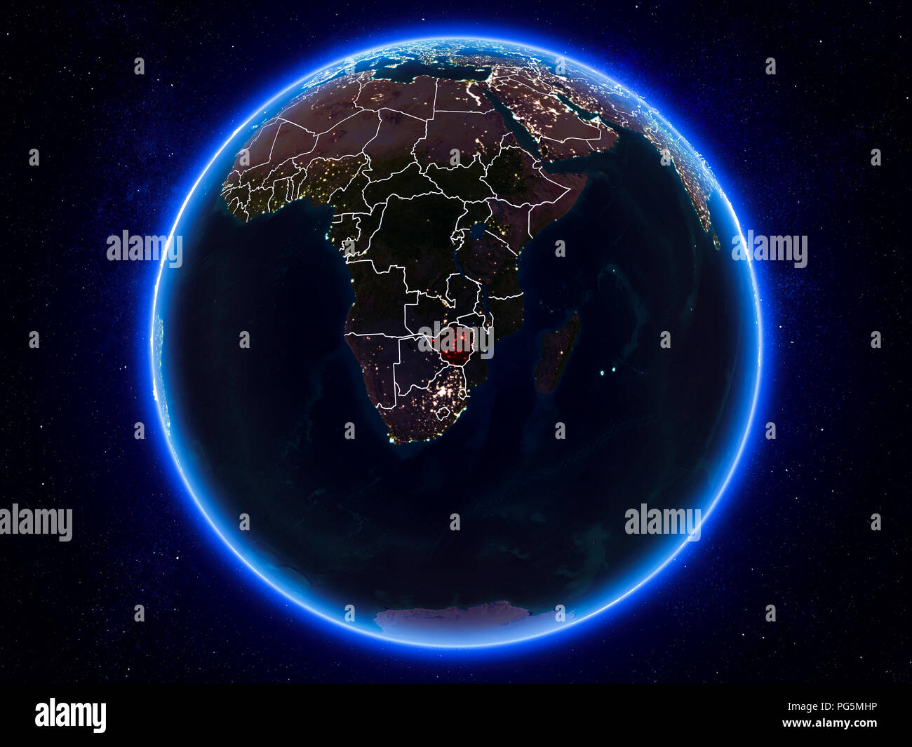 Zimbabwe highlighted in red on planet Earth at night with visible borders and city lights. 3D ...
