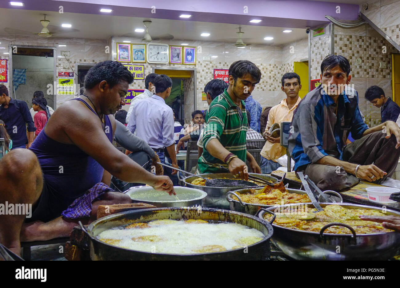 Varanasi, India - Oct 5, 2017. Indian street food vendors near the holy ...