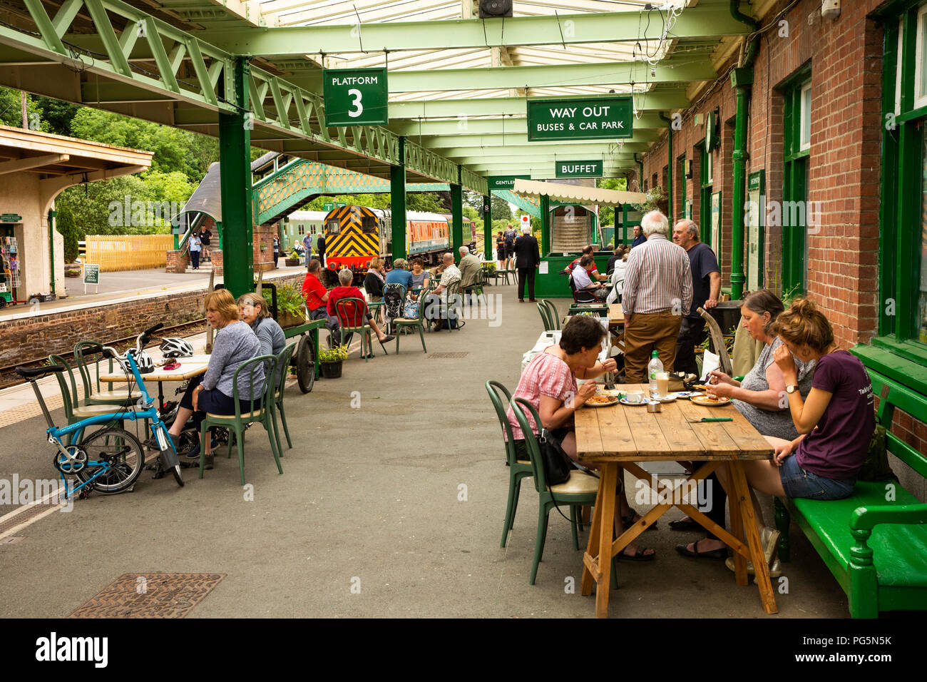 UK, England, Devon, Okehampton, Railway Station, passengers at buffet ...