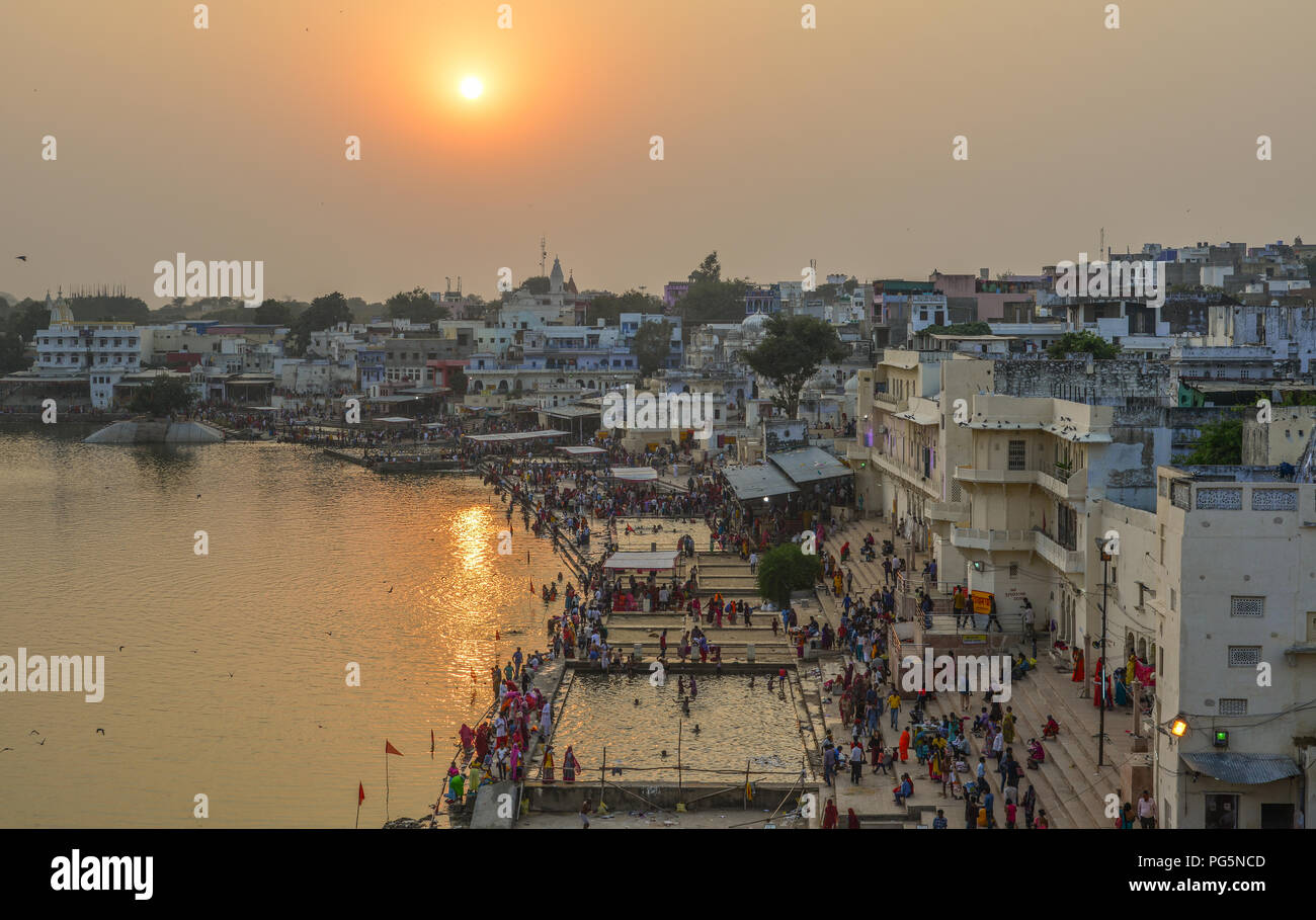Pushkar, India - Nov 5, 2017. View of Pushkar lake and the town in ...