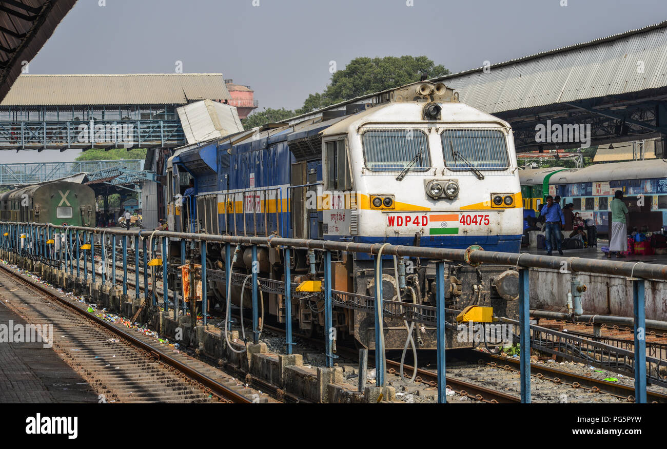 Varanasi, India - Nov 5, 2017. A local train stopping at railway ...