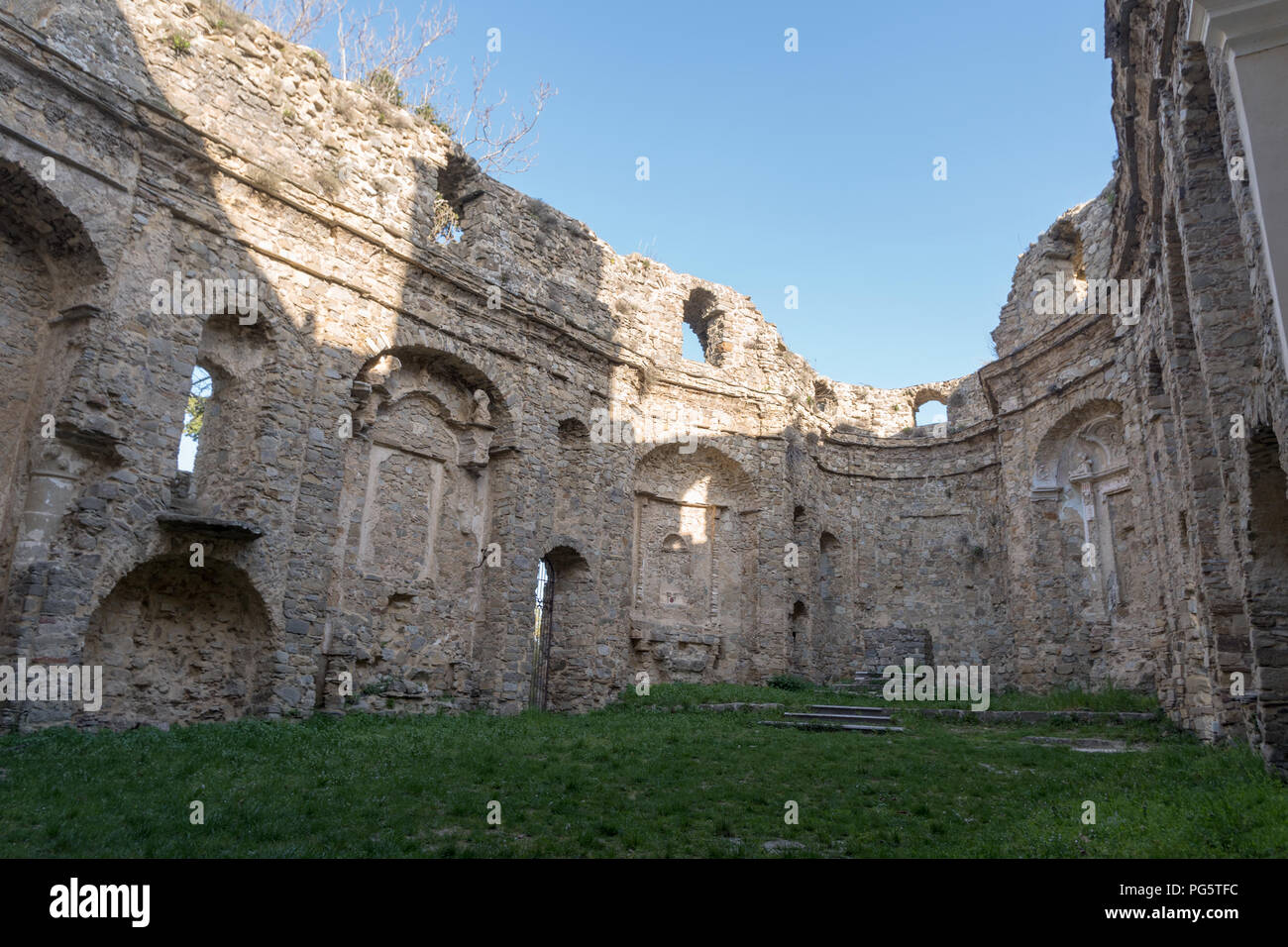 Ruins of church destroyed by earthquake, Baiardo, Province of Imperia ...