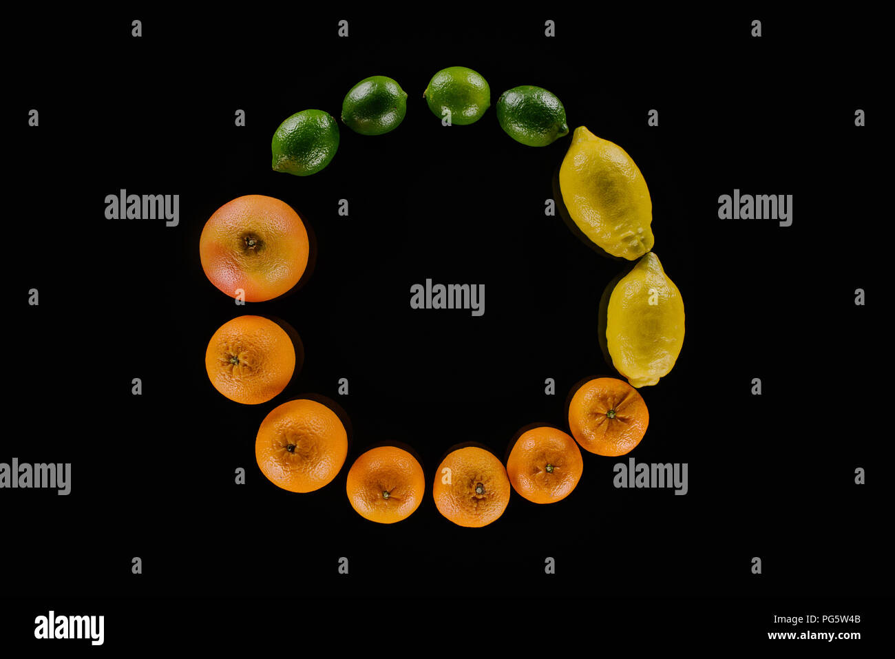 top view of various citrus fruits composition in round shape isolated ...