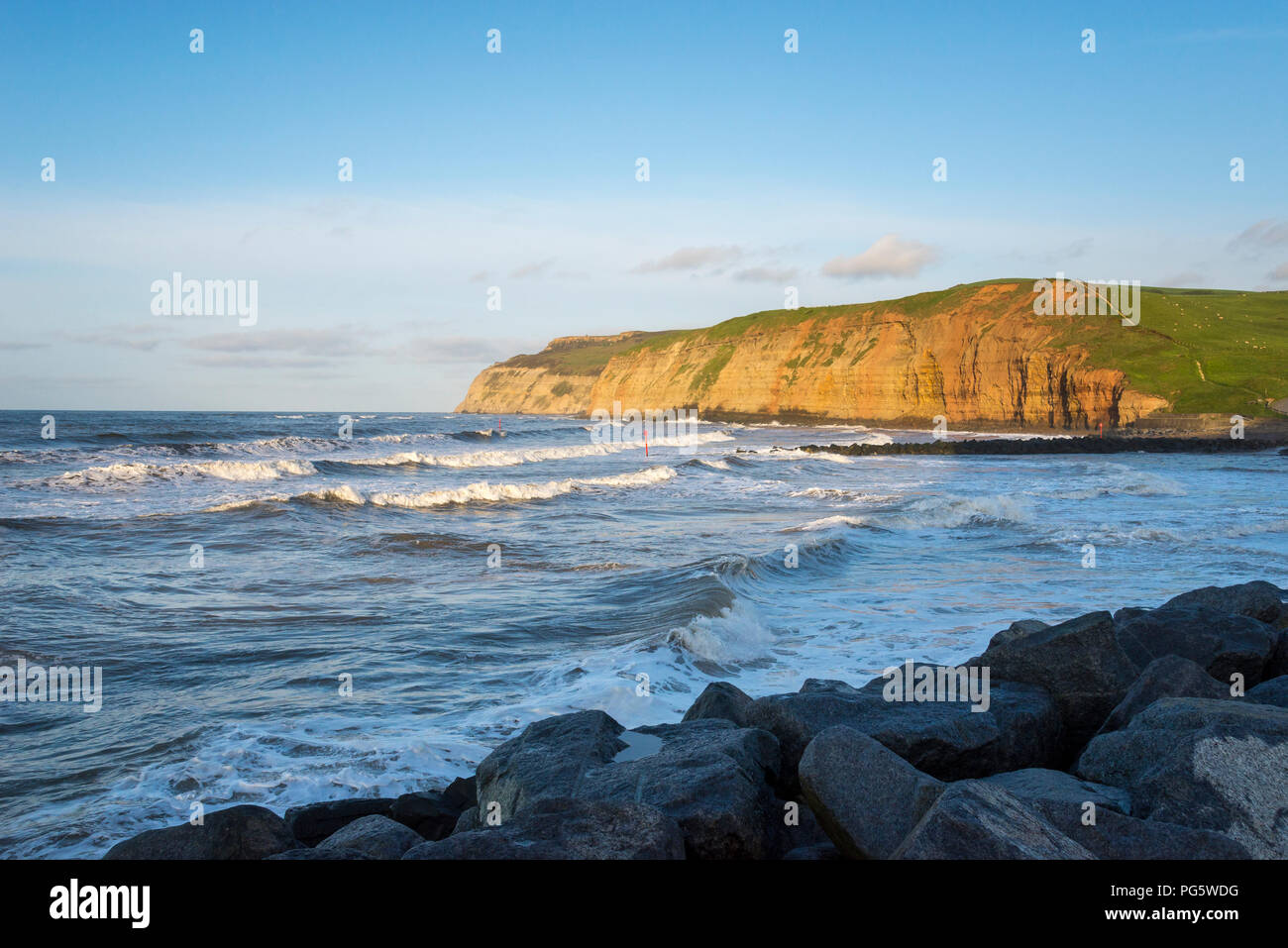Waves breaking on the beach at Skinningrove on the coast of North ...