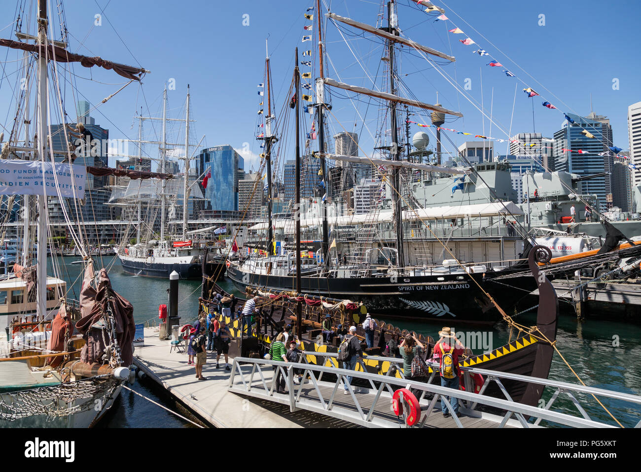 Spirit of New Zealand Tall Ship and Viking Longboat in Darling Harbour ...