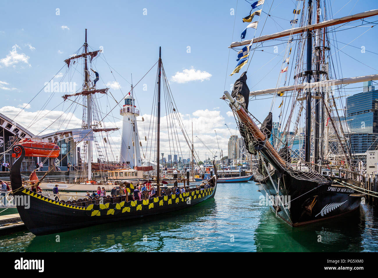 Spirit of New Zealand Tall Ship and Viking Longboat in Darling Harbour ...