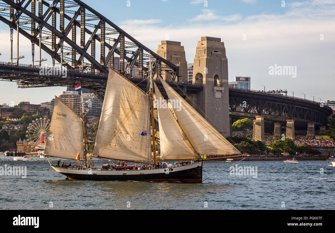 Tall Ship Tecla passing under Sydney Harbour Bridge, Sydney, NSW ...