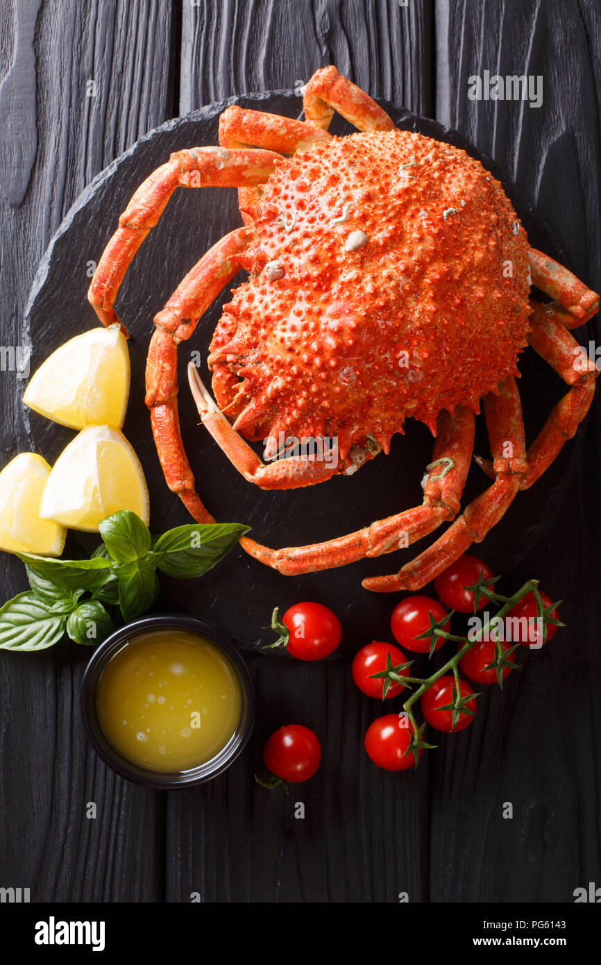 Expensive food: cooked whole crab spider with lemon and melted butter ...