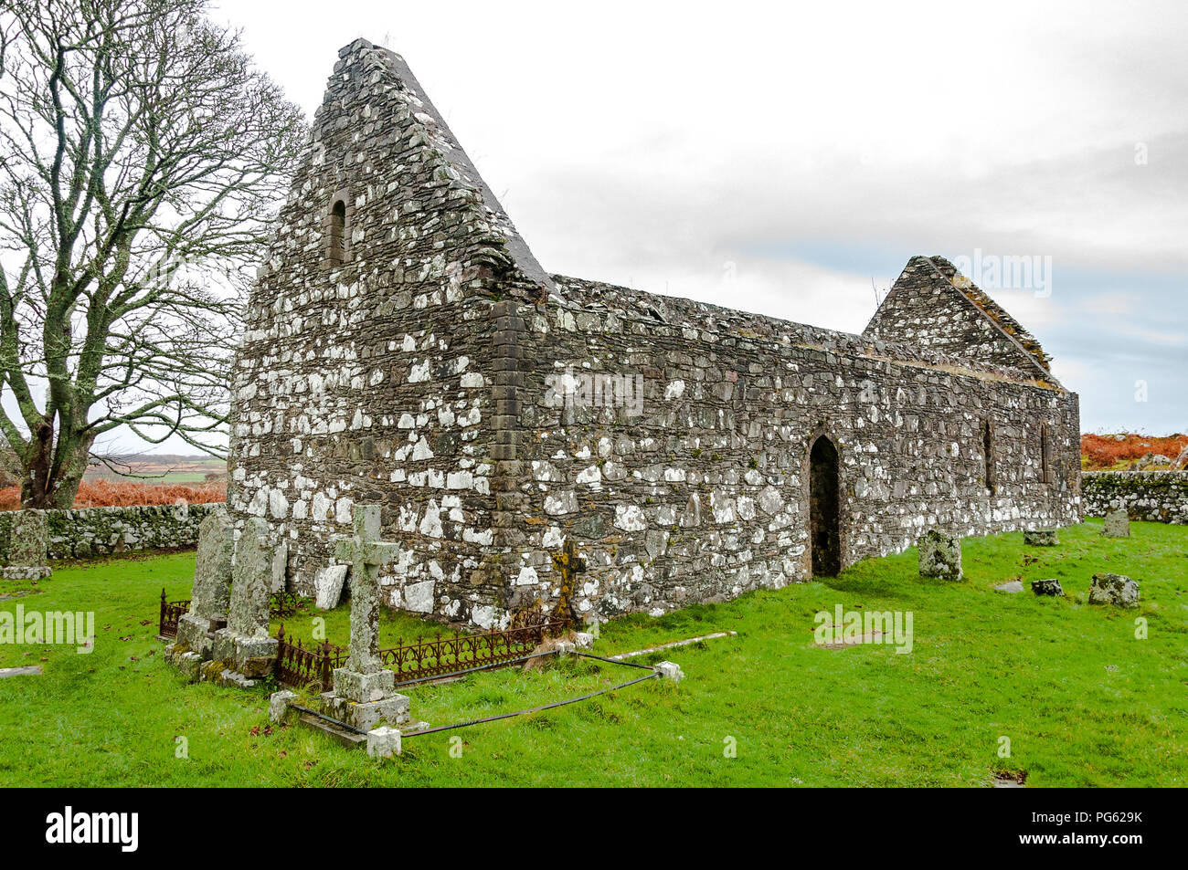 The roofless Kidalton Church, Islay, with gravestones and grass beside ...