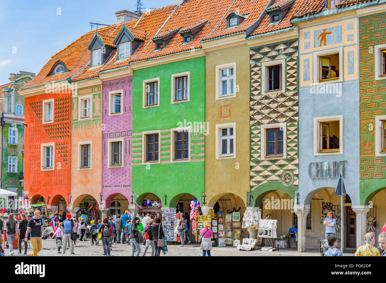 The brightly coloured ornate buildings of the renaissance old town with ...