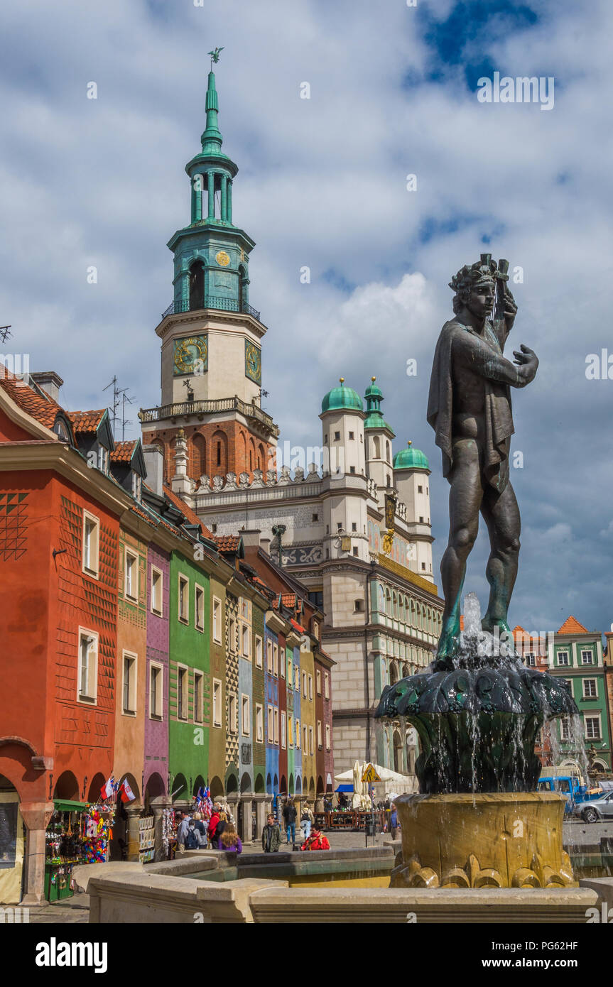 The town hall, old buildings, and a water fountain and statue in the ...